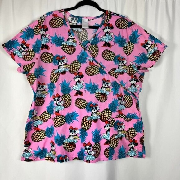 Disney | Tops | Disney Minnie Mouse Pink Scrub Top Pineapple Beachy Pin ...